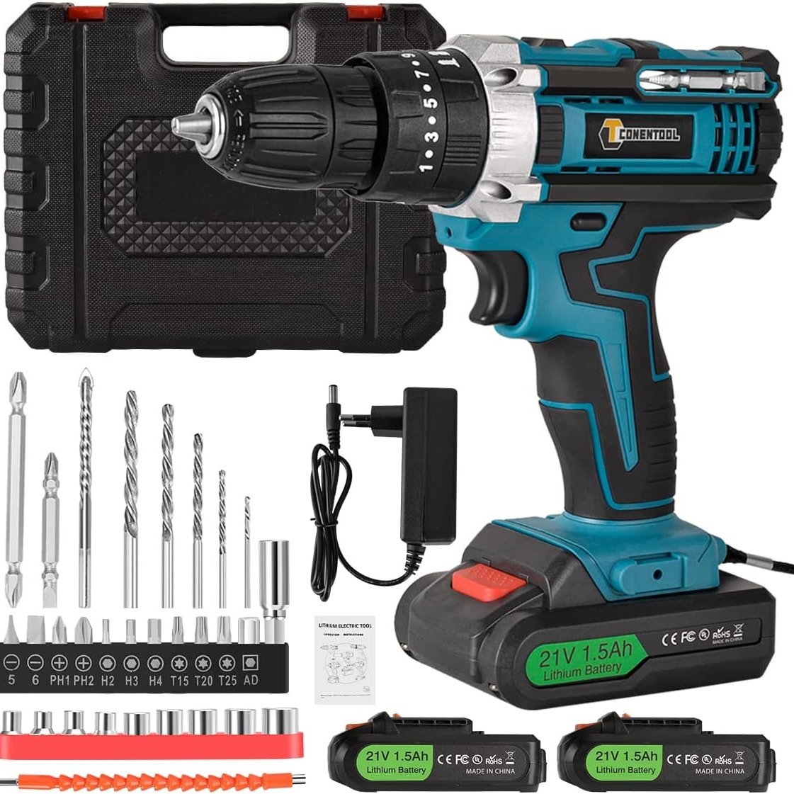 Cordless Screwdriver Hammer Drill Flat Drill Set Torque Band Light 2 ...