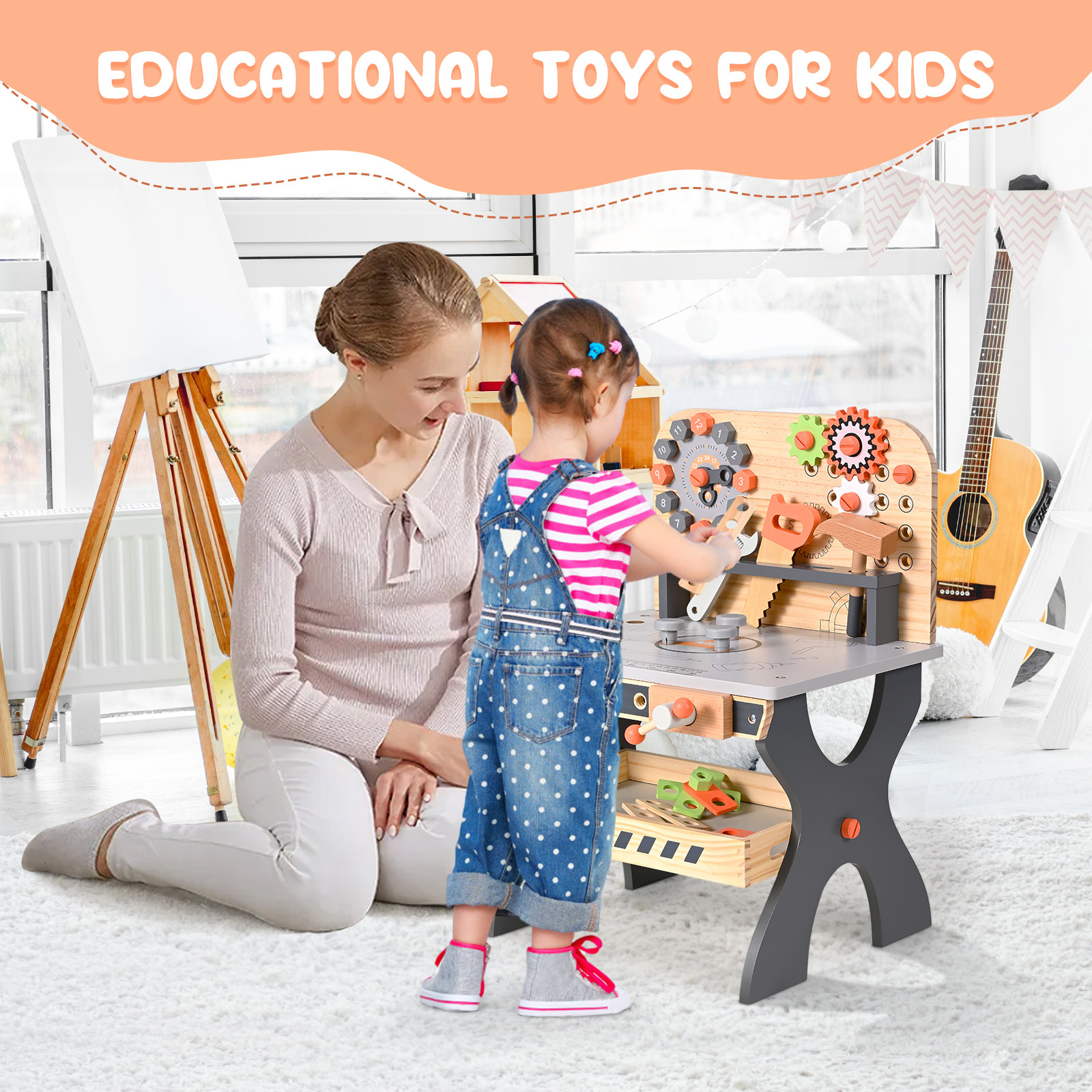 3+ Years Old Children's Wooden Workbench, Play Tools Wooden Simulation ...