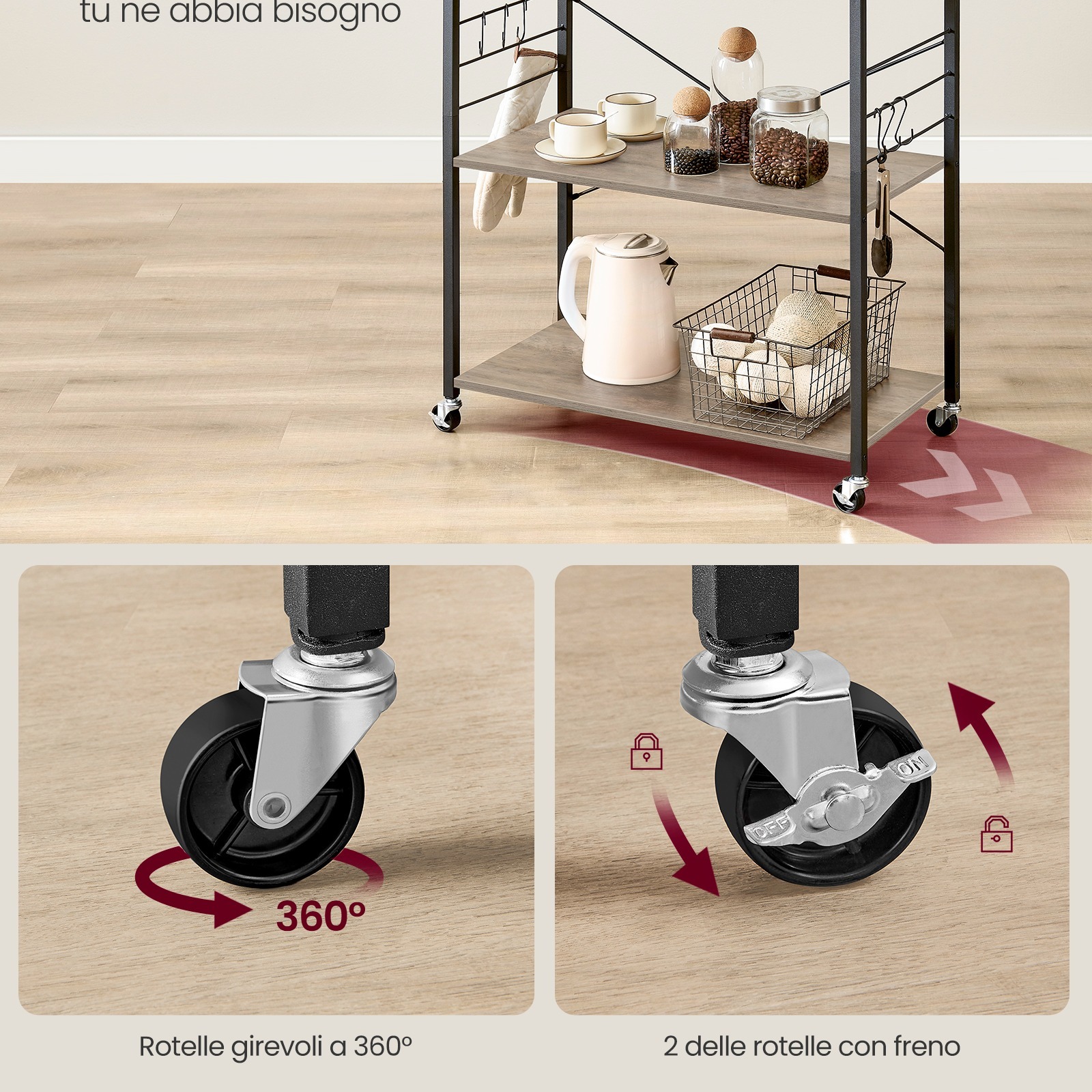 Vasagle Kitchen Trolley With Casters, Serving Trolley With 3 Shelves ...