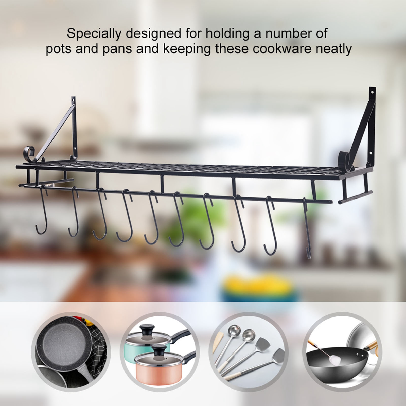 Metal Hanging Pan Pot Rack Wall Mounted With 10 Hook Holders Kitchen ...