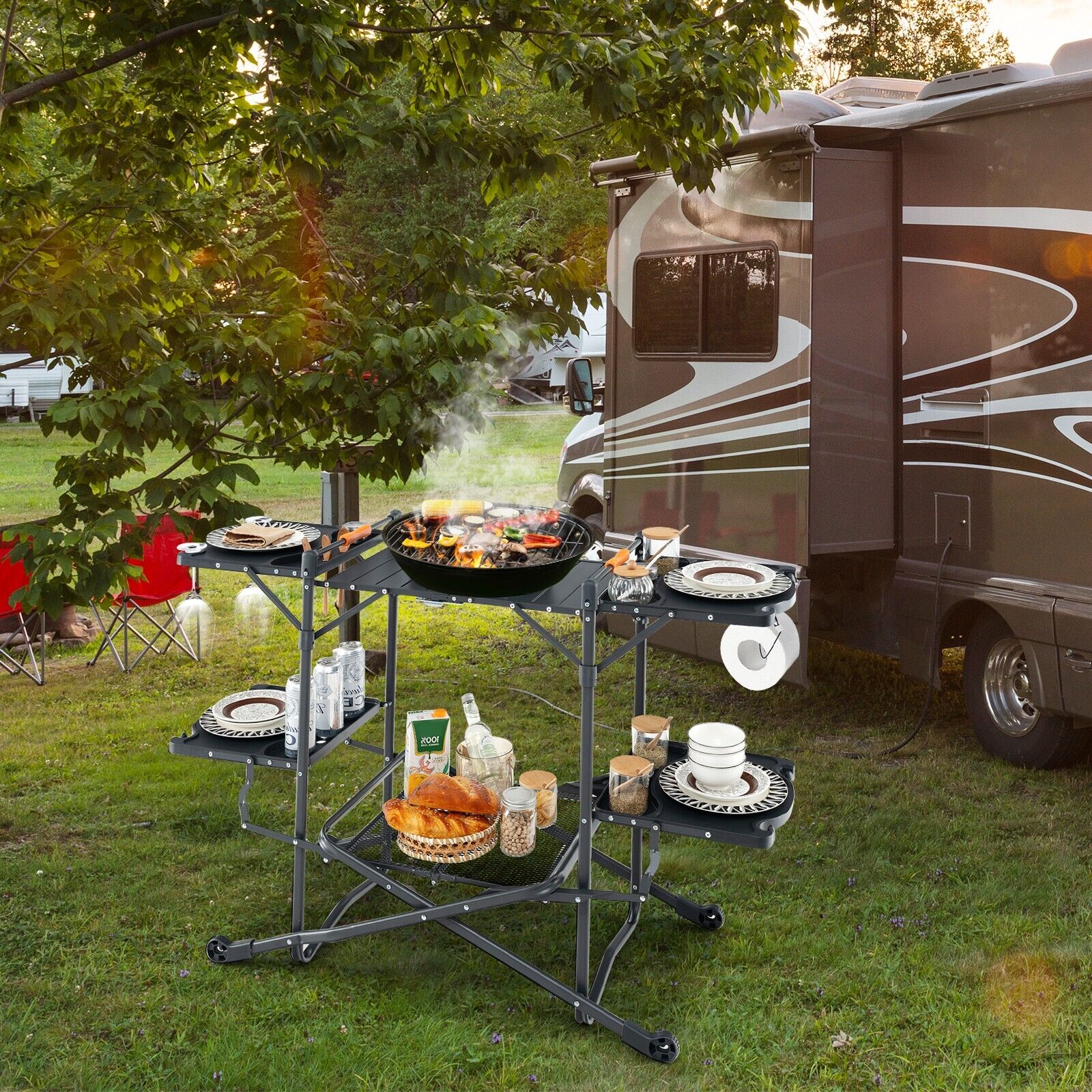 Costway Camping Kitchen Table Folding Outdoor W 4 Side Tables | Free ...