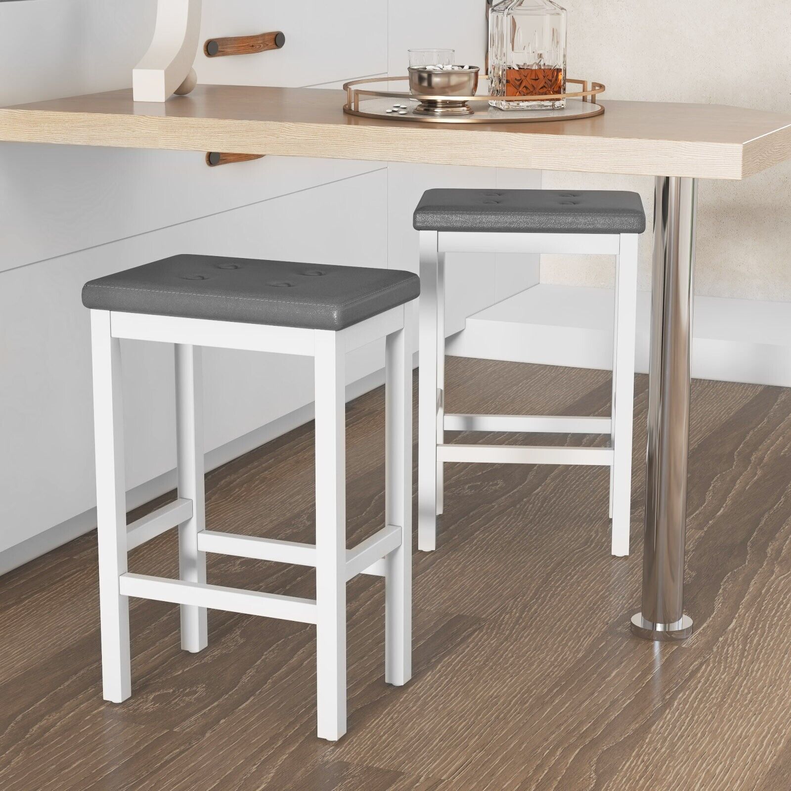 Costway Set Of 2 Bar Stools 61cm Counter Height Stool Kitchen Modern ...