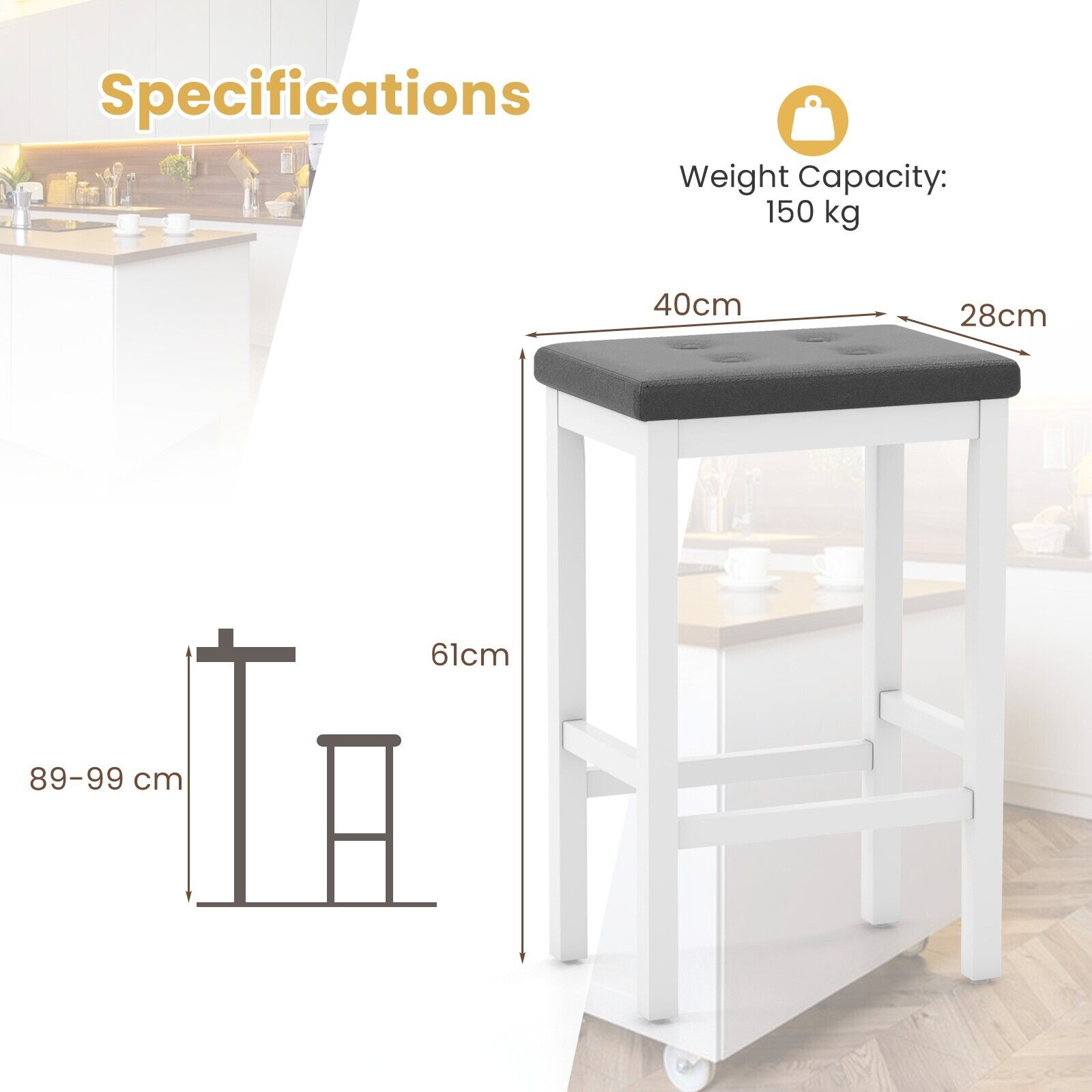 Costway Set Of 2 Bar Stools 61cm Counter Height Stool Kitchen Modern ...