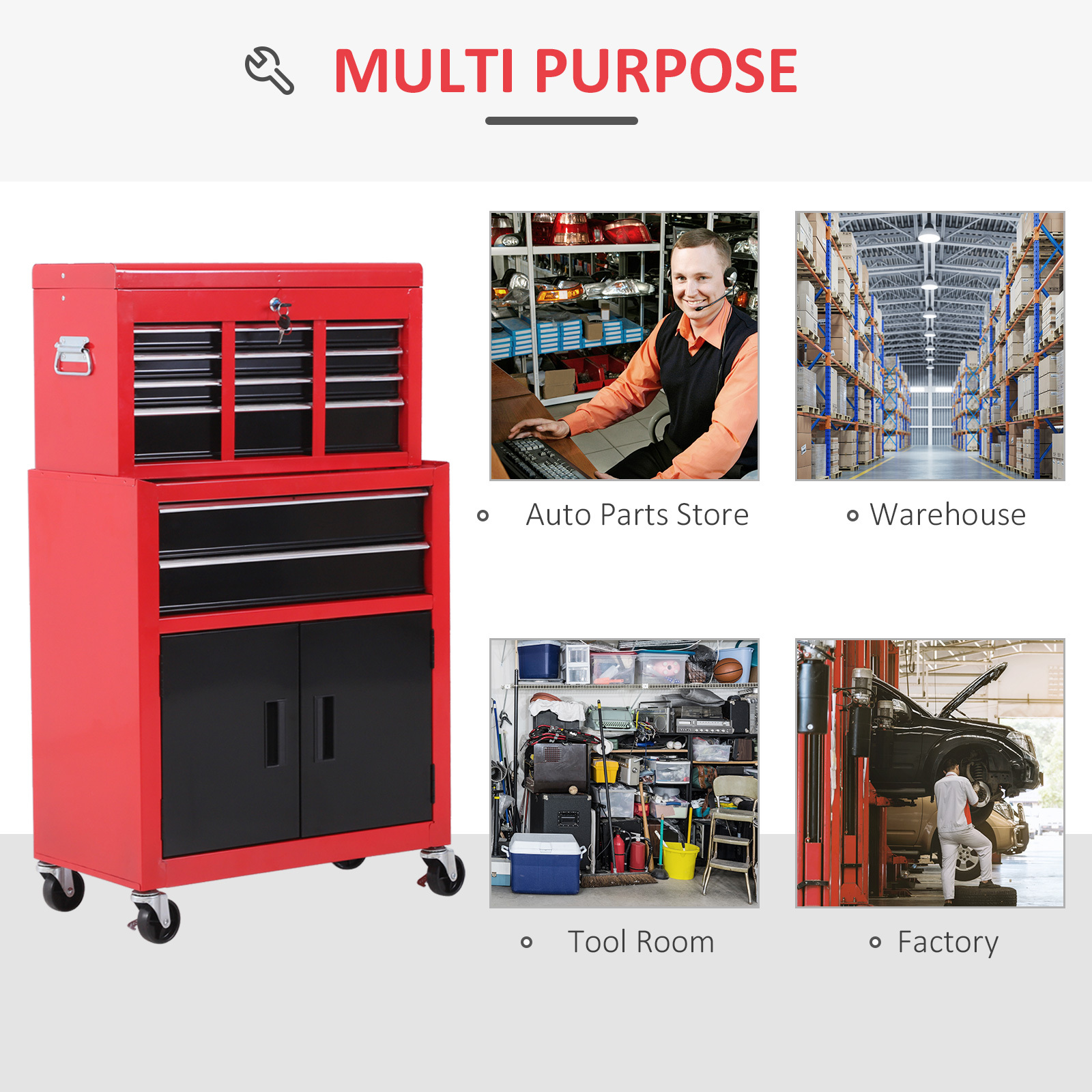 Tool Chest, Metal Tool Cabinet On Wheels With 6 Drawers, Pegboard, Top ...