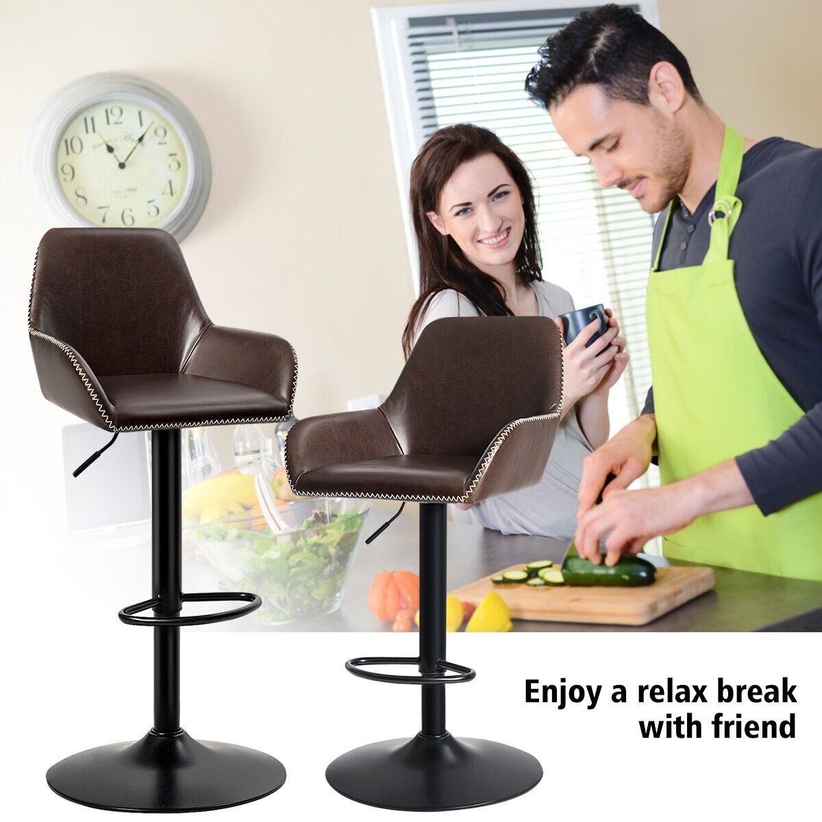 Costway Counter Height Adjustable Bar Stools Chairs W/ Back & Armrest ...