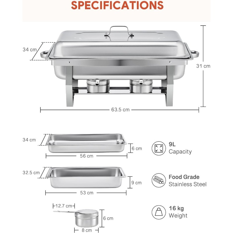 Chafing Dish Buffet Set Of 2, Rectangle Stainless Steel Food Warmer Kit ...