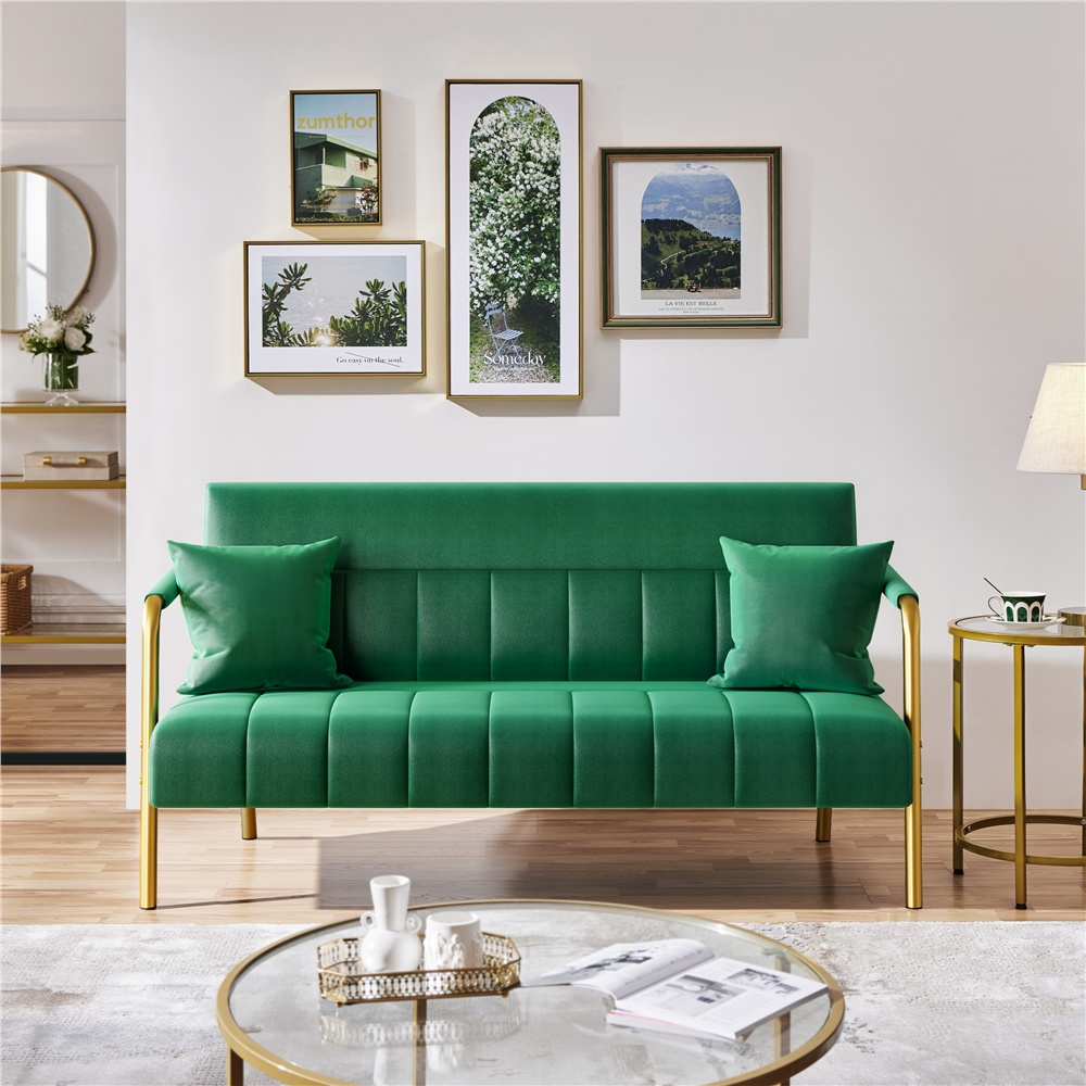 Modern Velvet Sofa Couch 143.5cm Small Loveseat with Gold tone Legs Upholstered Design 2 Pillows Ideal for Bedroom
