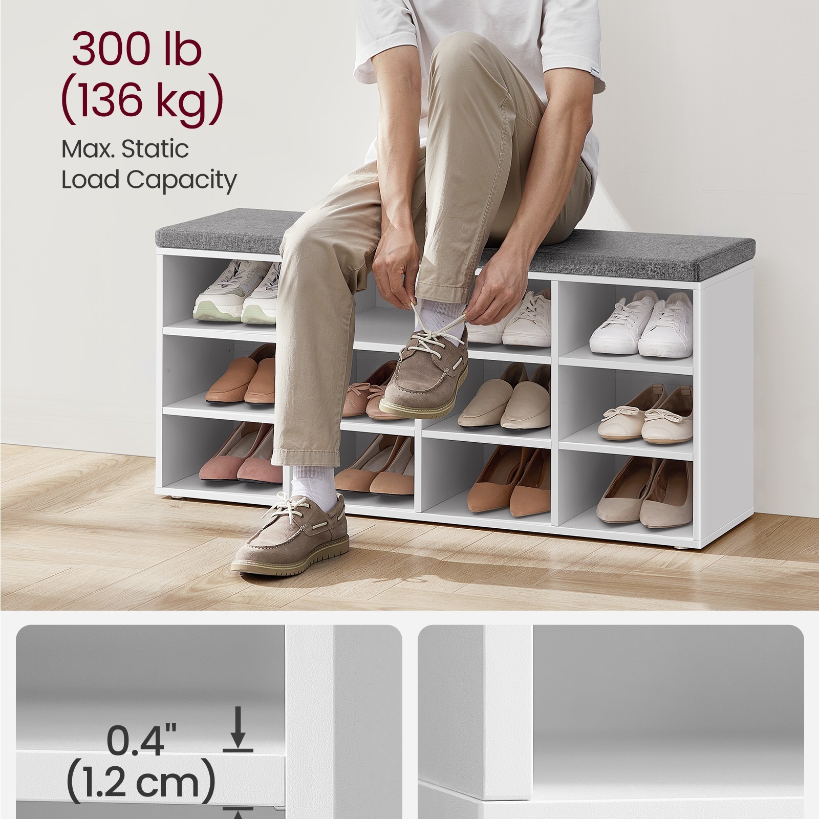 Vasagle Shoe Bench, Storage Bench With Padded Seat, With Cushion, 12 ...