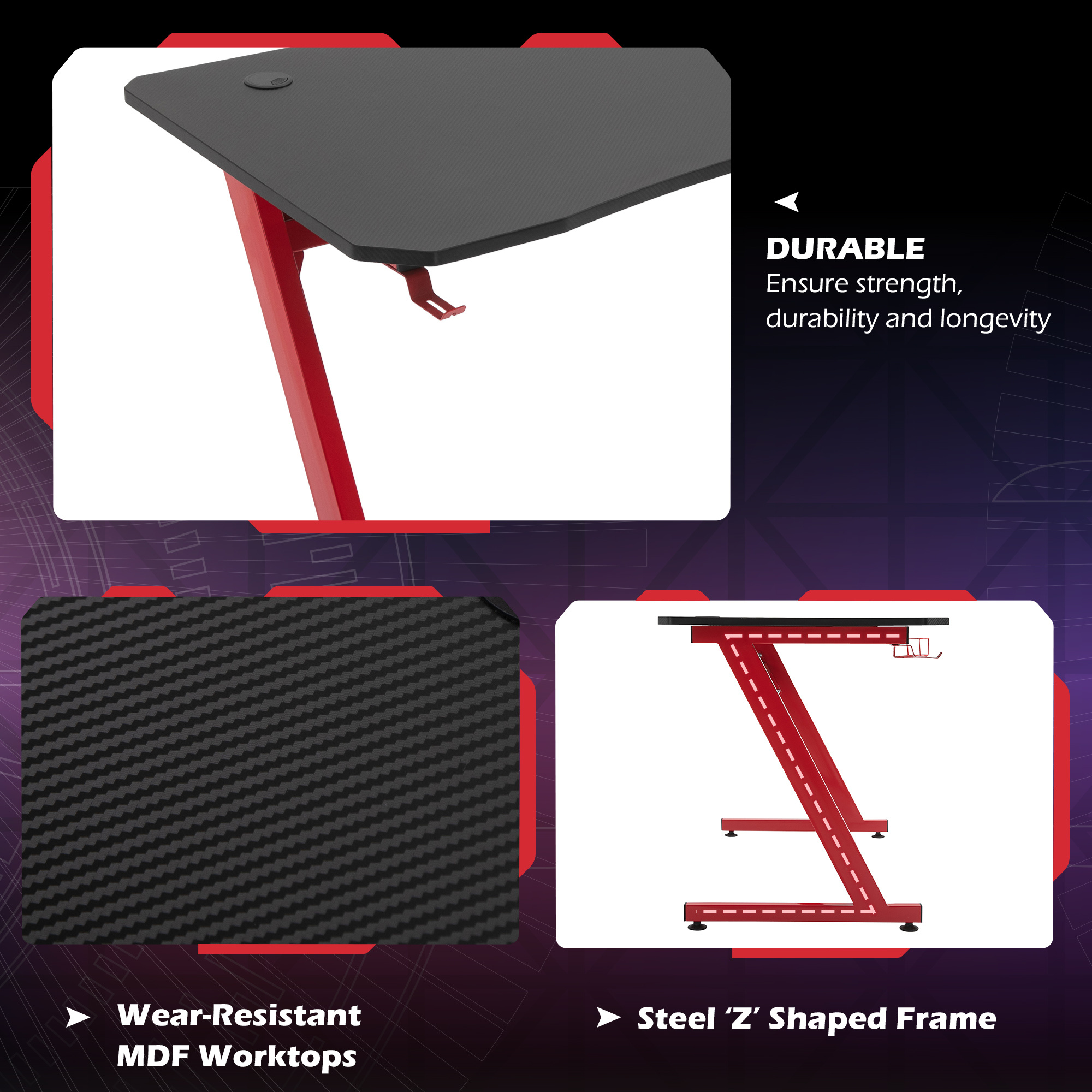Gaming Desk Steel Frame W/ Cup Headphone Holder Adjustable Feet Cable ...