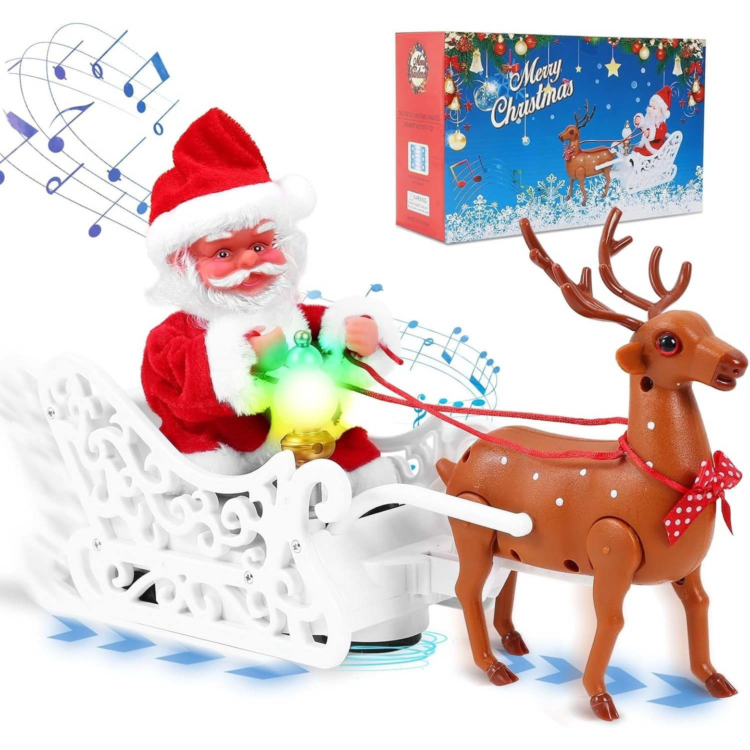 Elektrischer Weihnachtsmann mit Rentieren und Schlitten, singende und ...