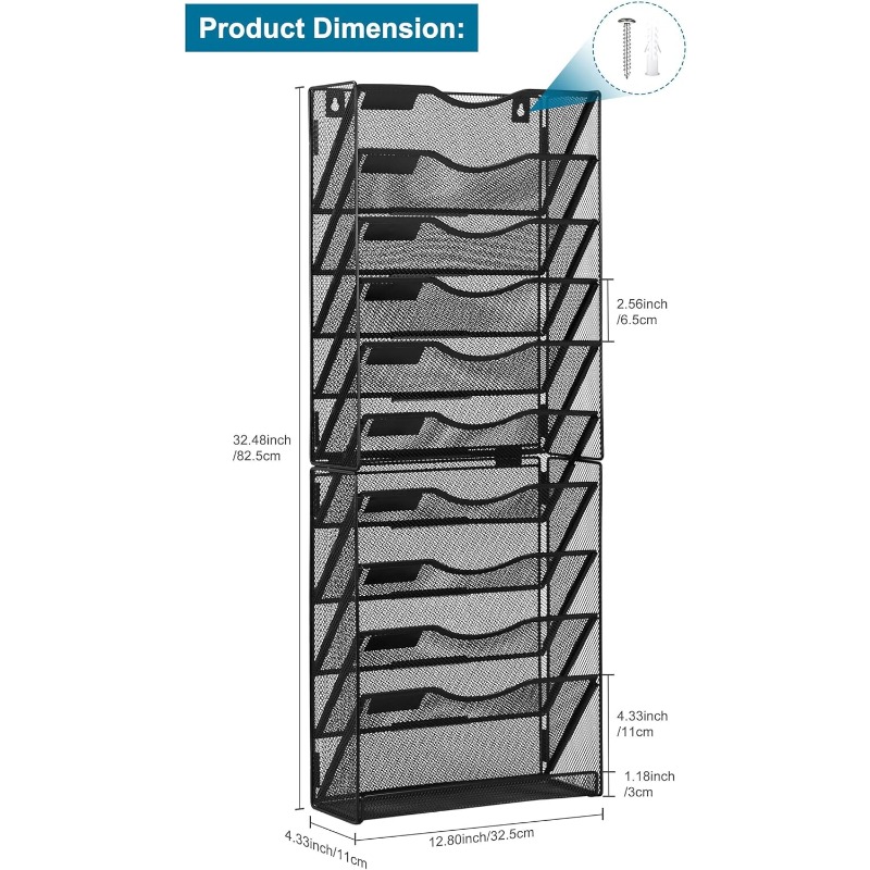 Wall Hanging File Organiser 10 Tier Mesh A4 Paper Organiser Magazine ...