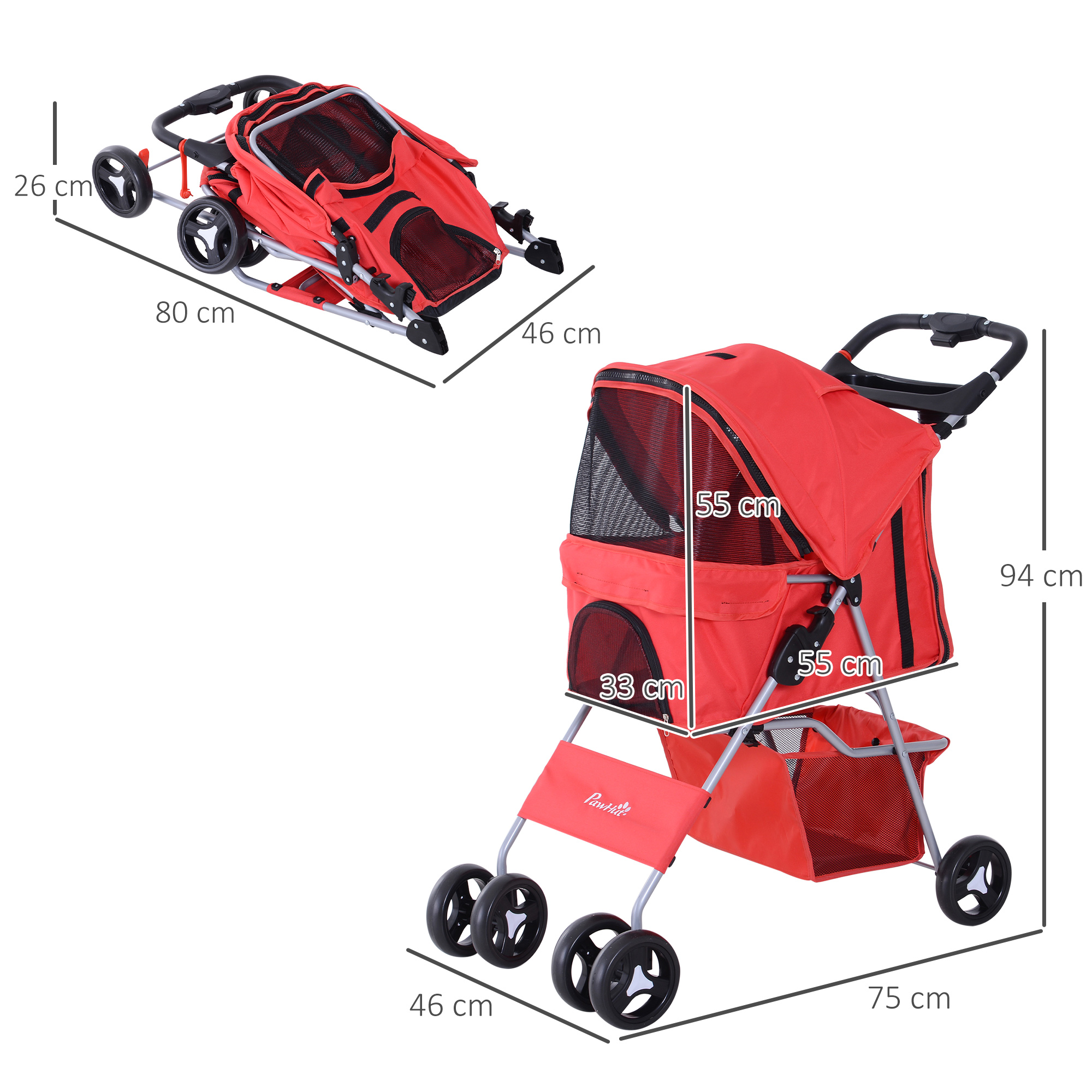 Mini & Small Size Dog Stroller With 3 Zippered Nets, Foldable Pet ...