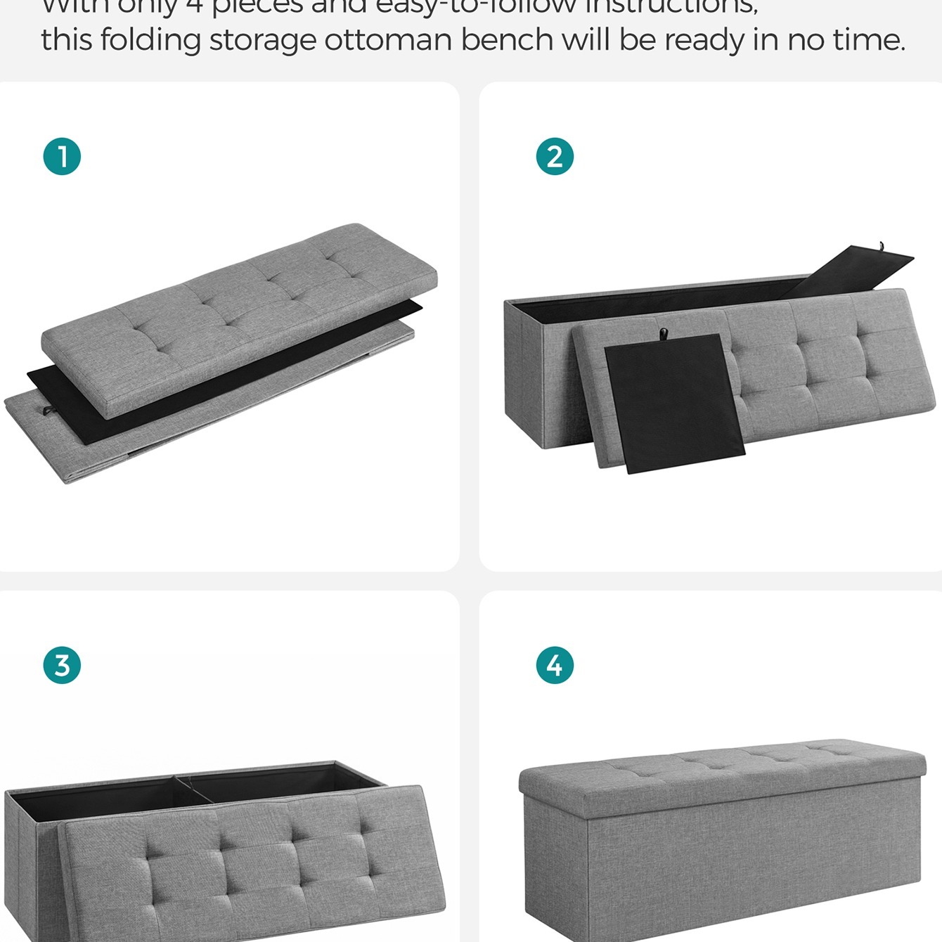 Storage Ottoman, Padded Foldable Bench, Chest With Lid, 120l Capacity ...