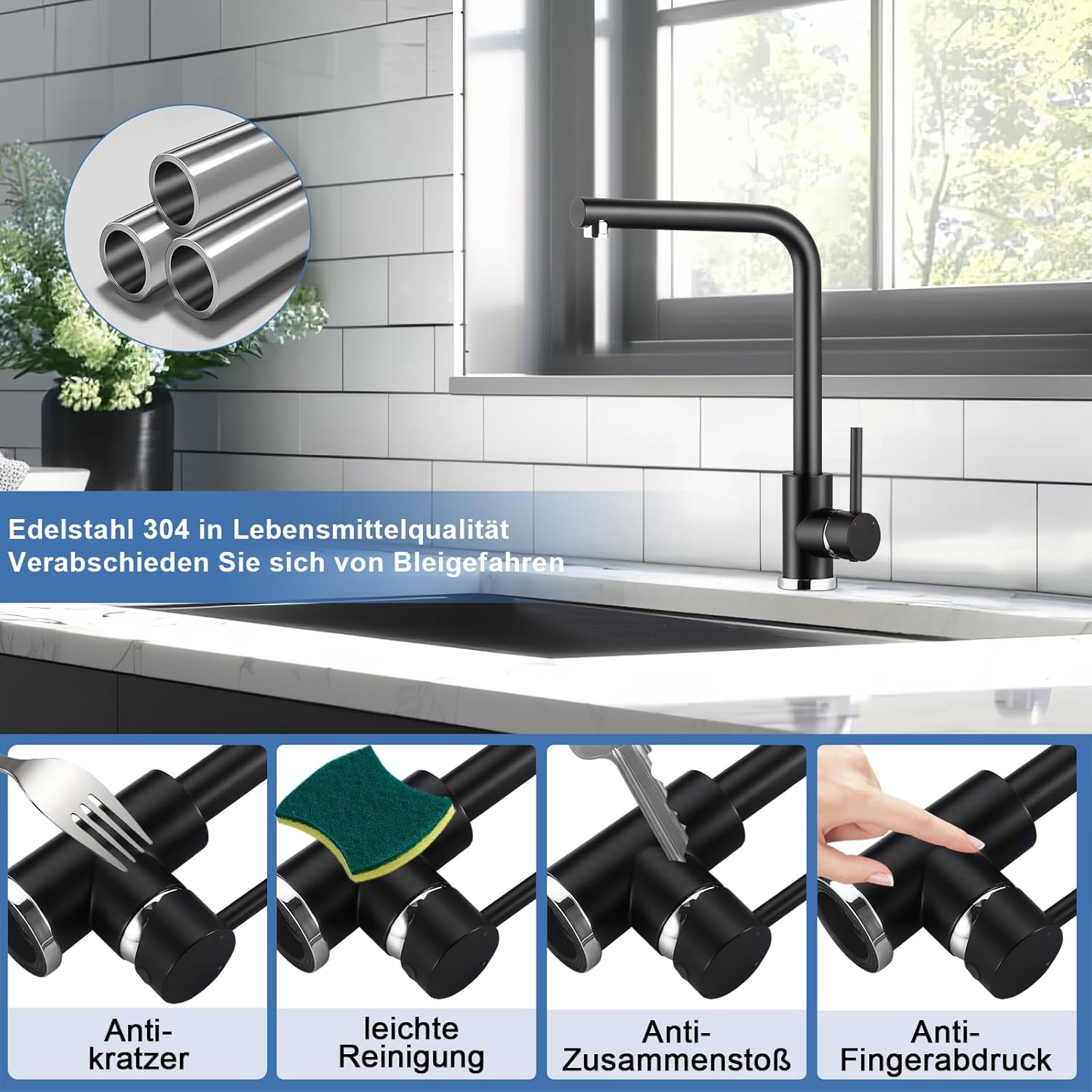 High Pressure Kitchen Tap, Black, Kitchen Tap With 360 Rotatable High ...