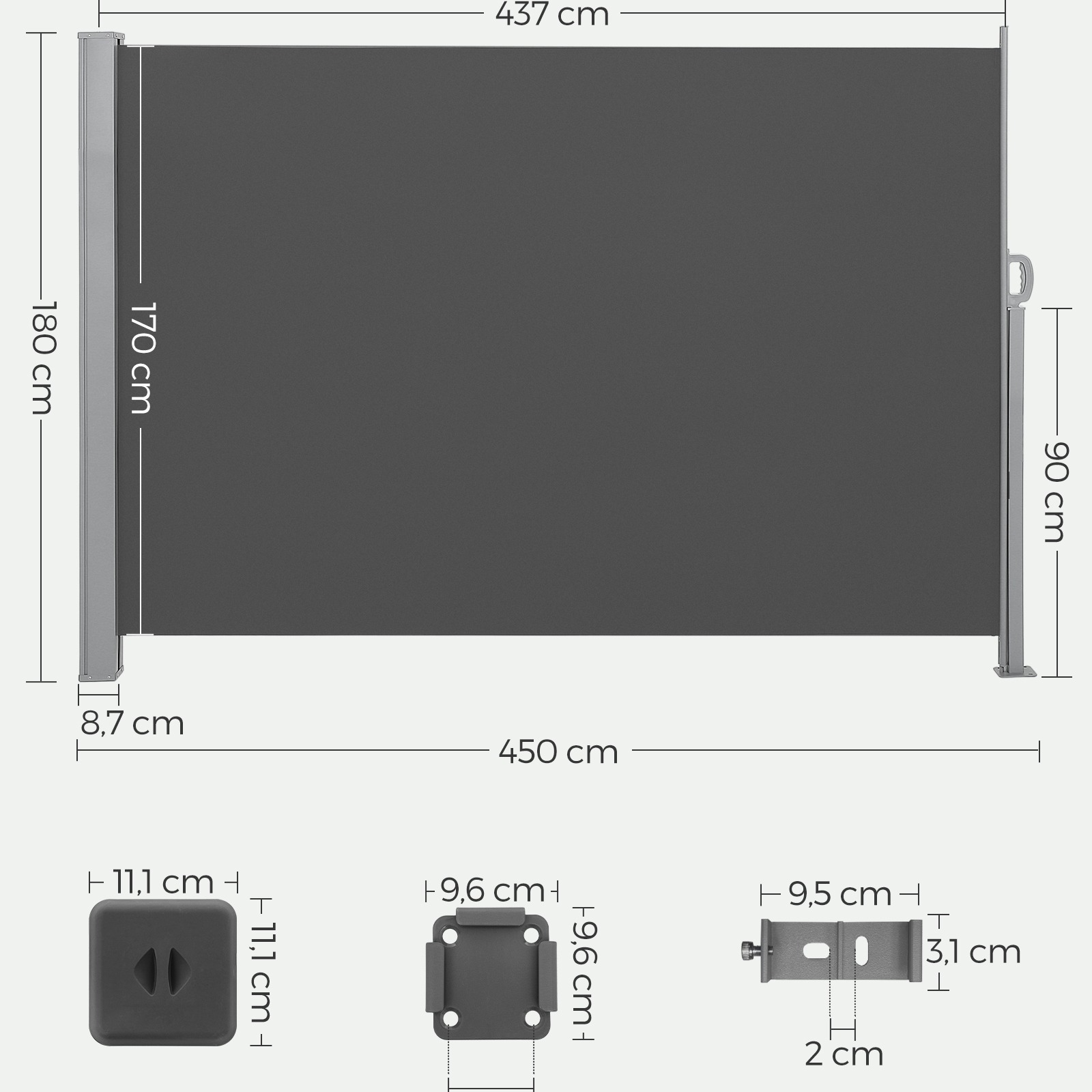 Side Shade, Extendable, 180 Cm, Privacy Screen, Sun Protection, Opaque ...