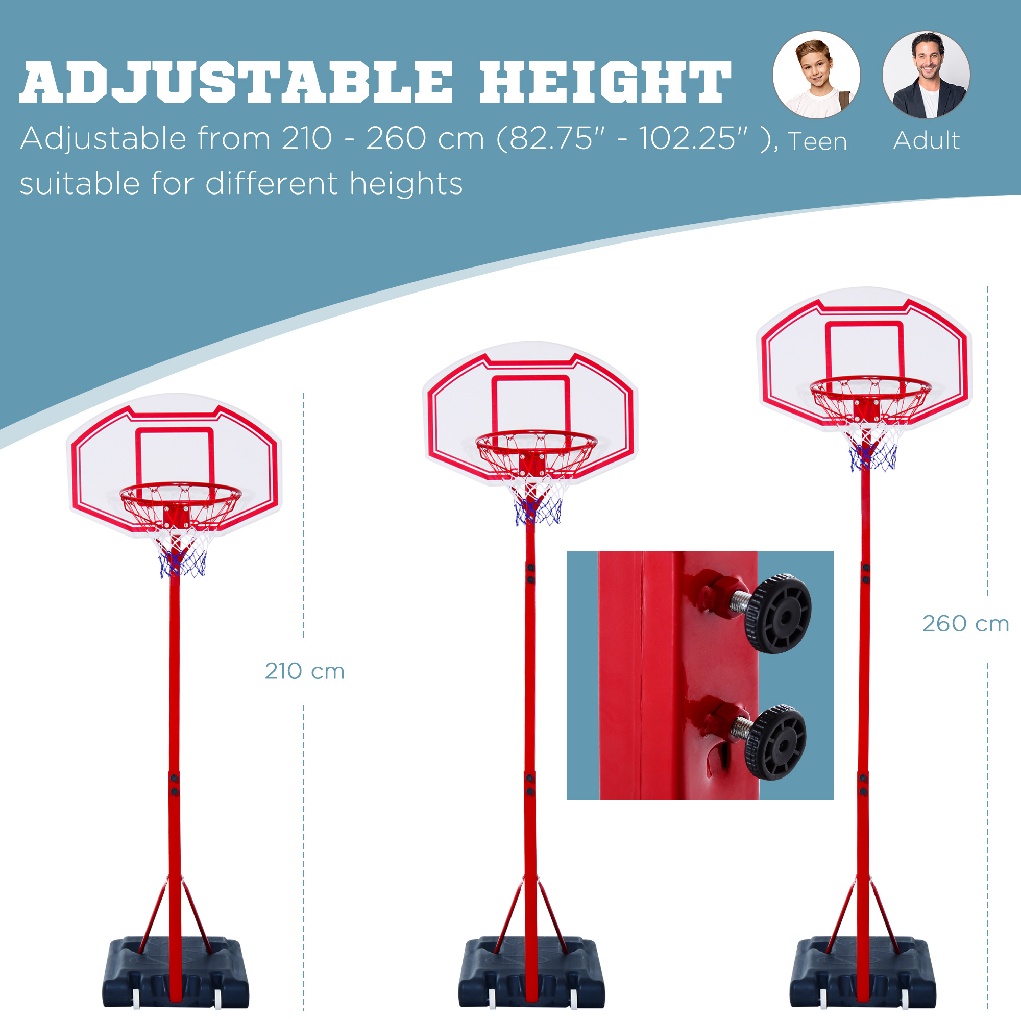 Basketball Stand Net Hoop Backboard Portable 2.1-2.6m Height Adjustable ...