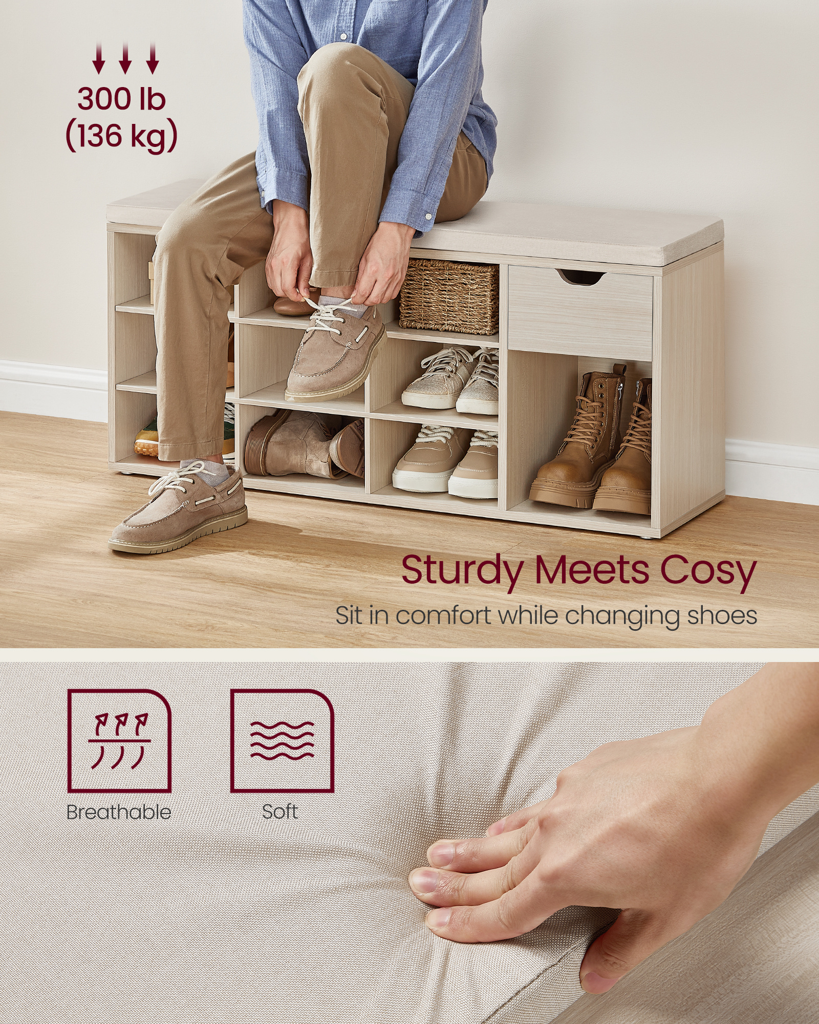 Vasagle Shoe Storage Bench, Hallway Bench With Cushion, Drawer And Open ...