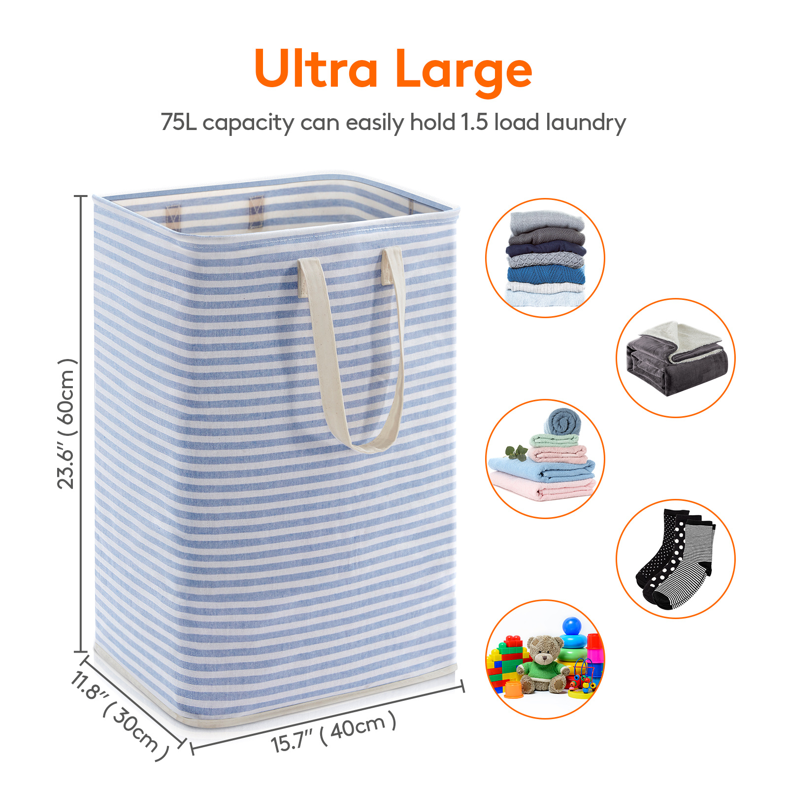 75l Collapsible Washing Laundry Basket Hamper, Blue, Dirty Clothes ...
