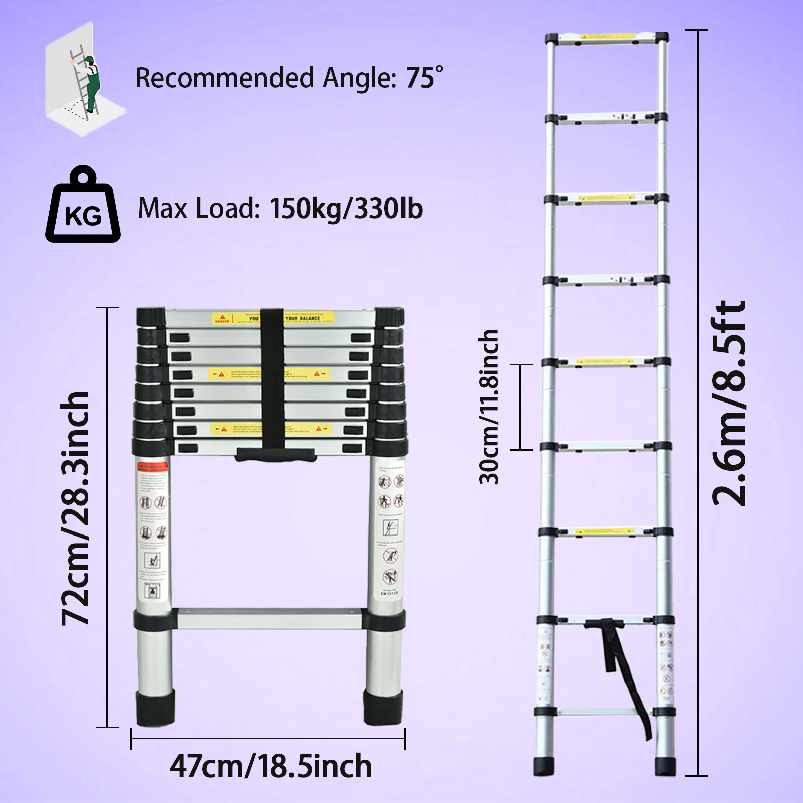 Telescoping Ladder 2.6m/8.5ft Aluminum Collapsible Extension Ladder ...