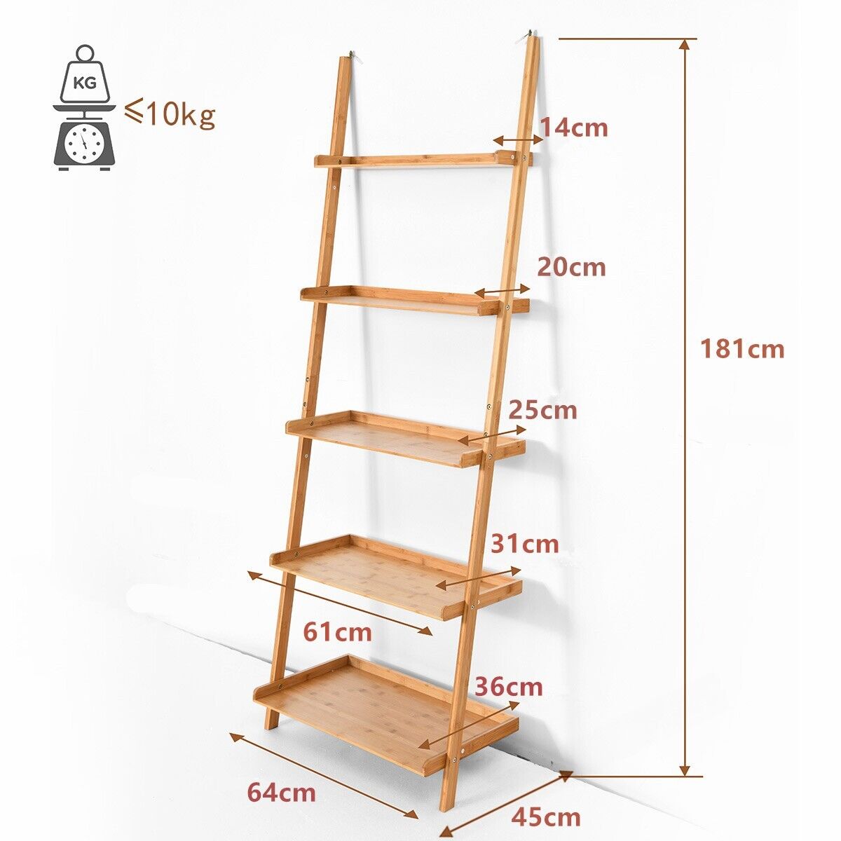5-tier Ladder Shelf Bamboo Bookshelf Wall-leaning Storage Display Plant ...