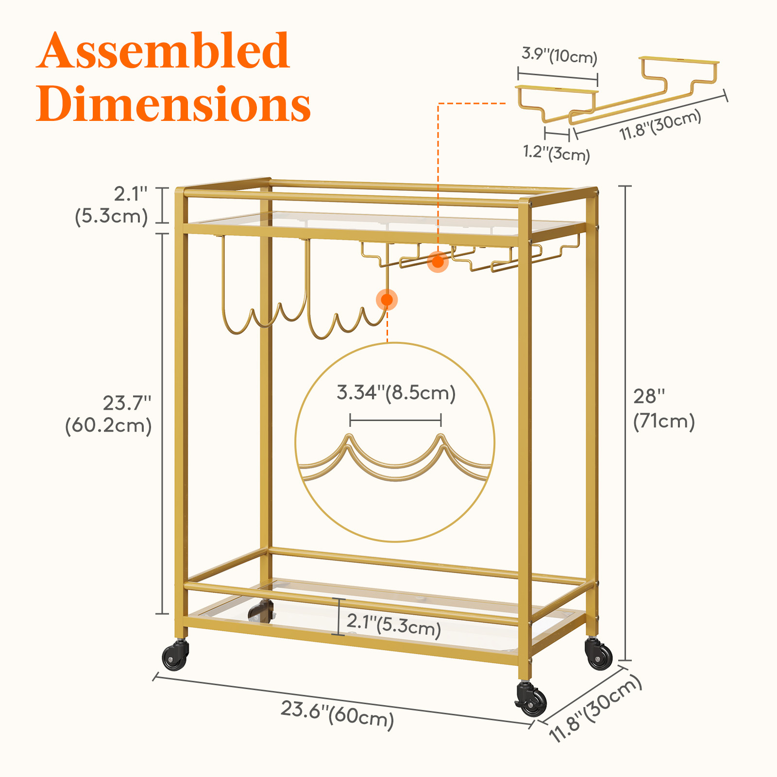 Bar Cart With 2 Tier Glass Shelves, Drink Trolley, Rolling Serving Wine ...